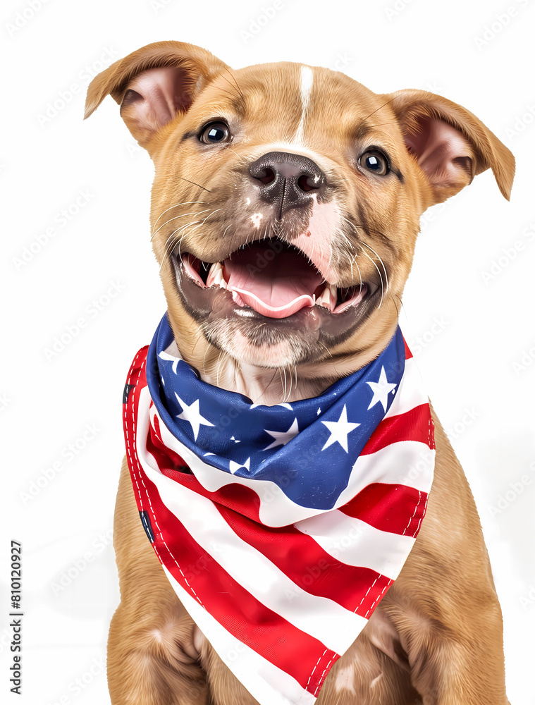American bulldog with an american flag bandana sitting and smiling ...