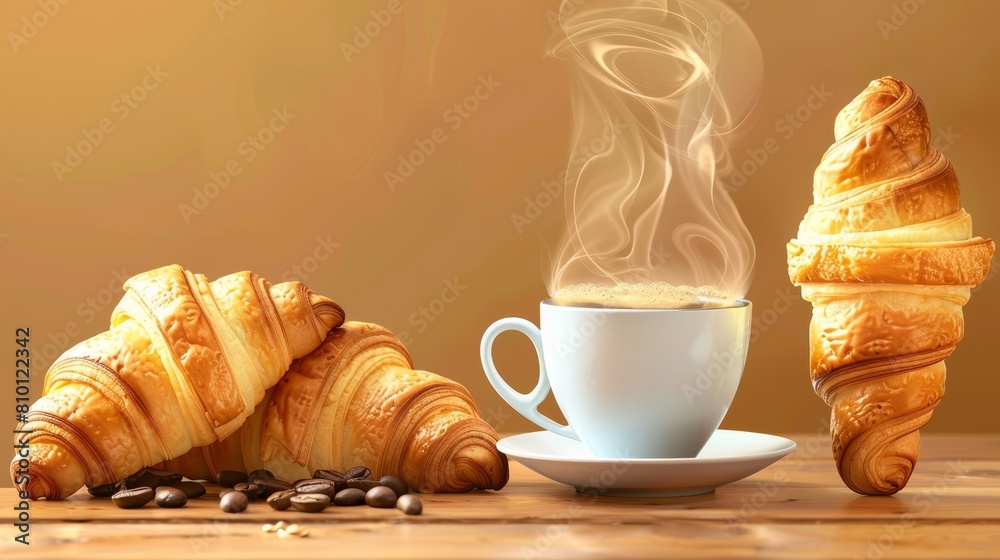 An inviting setup of croissants and a steaming coffee cup, perfect for ...