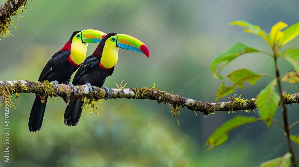 Two Keel-billed Toucans, known for their large beaks, are perched on a ...