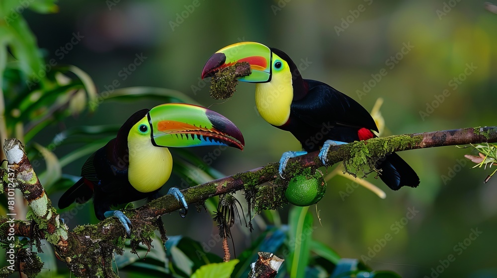 Two Keel-billed Toucans, known for their large beaks, are perched on a ...