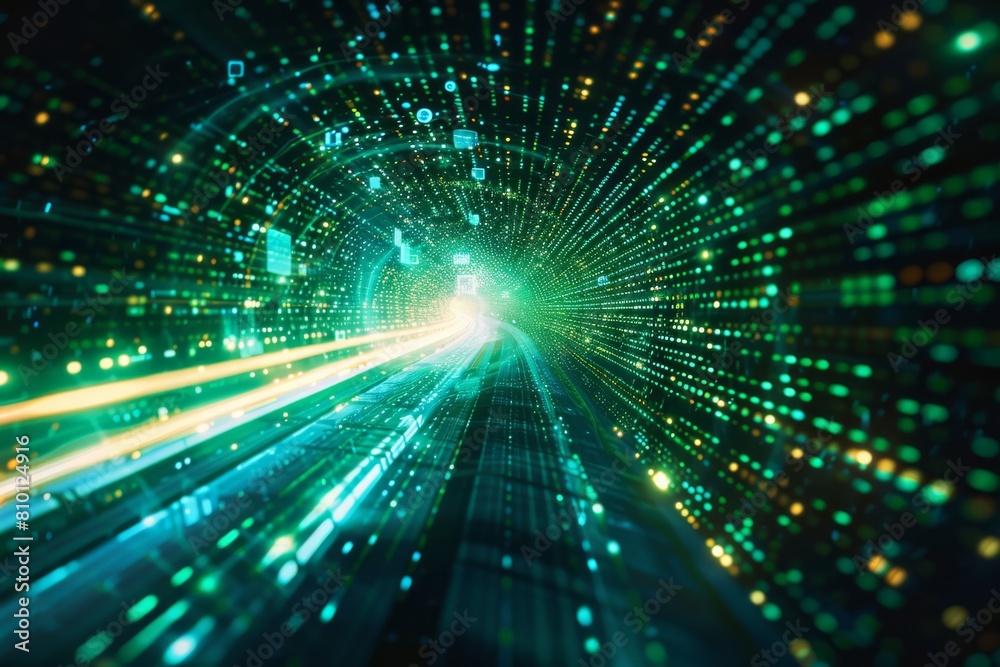 Journey Through a Hyperspeed Tunnel Visualized in Dynamic Green Digital ...