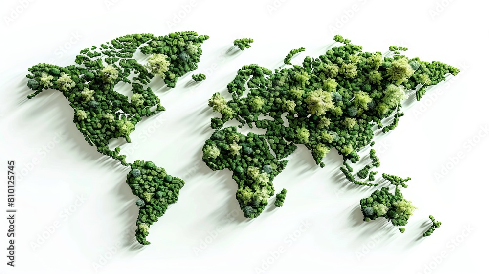 World map covered in trees and water, isolated on a white background ...