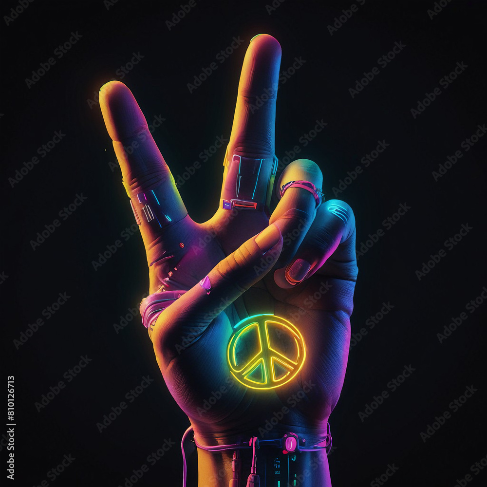 Peace sign Hand Signal-Multi Coloured Neon colours-CyberPunk Style ...