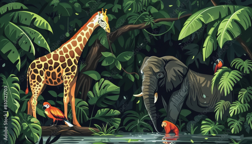 The image depicts a vibrant jungle scene with a giraffe, an elephant ...