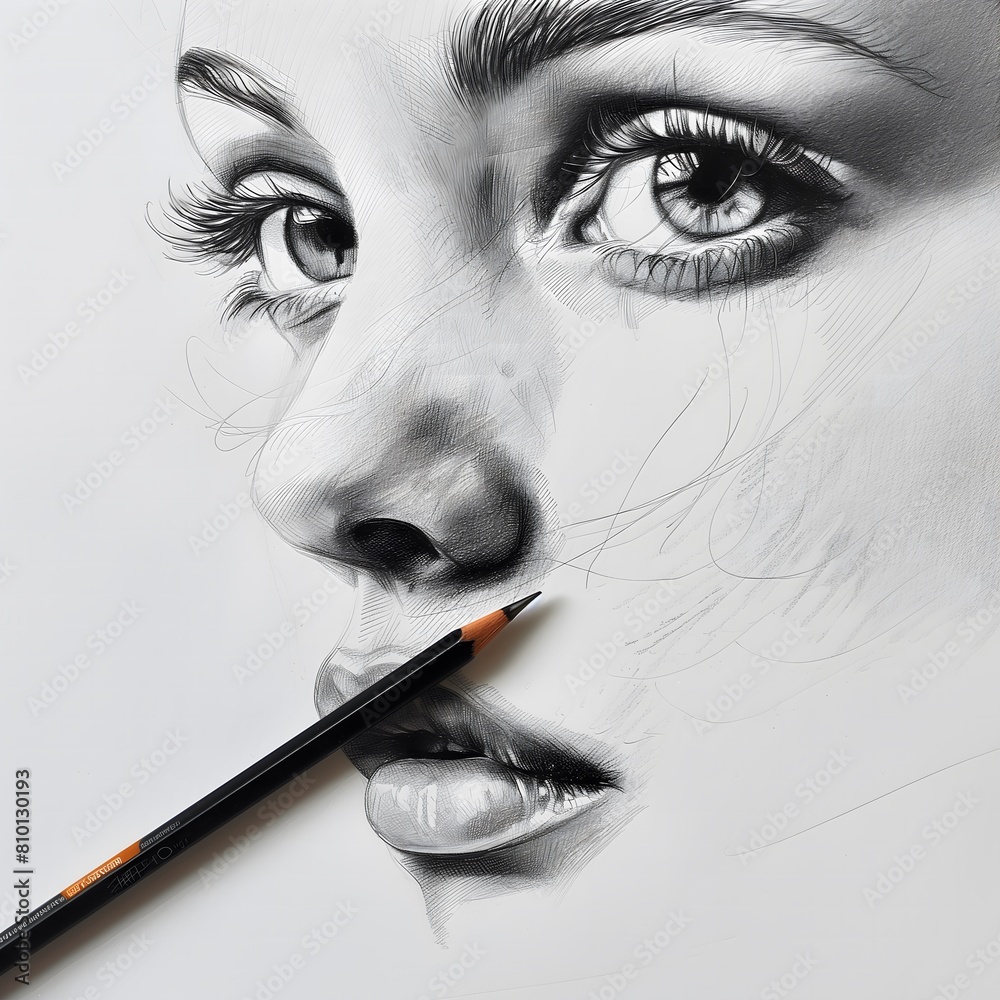 Realistic Pencil Drawing of Womans Face Close-Up in Detailed Style ...