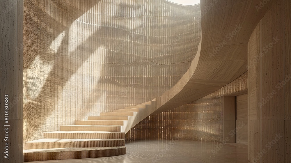 Tel Aviv modern minimal entrance atrium, tall ceiling, curved textured ...