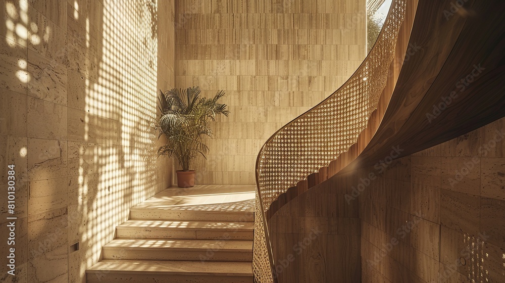 Tel Aviv modern minimal entrance atrium, tall ceiling, curved textured ...
