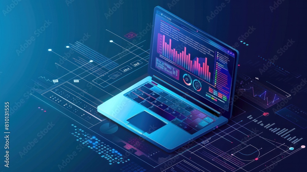Application of laptop with business graph and analytics data on isometric laptop . Analysis ...