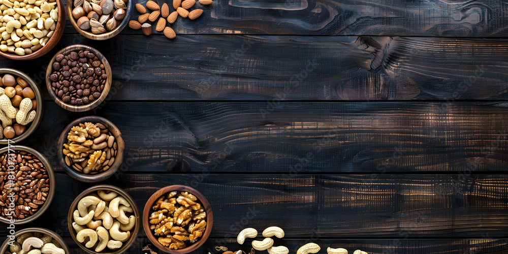 vertical view of an assortment of fruits and dried fruit on a worktop ...
