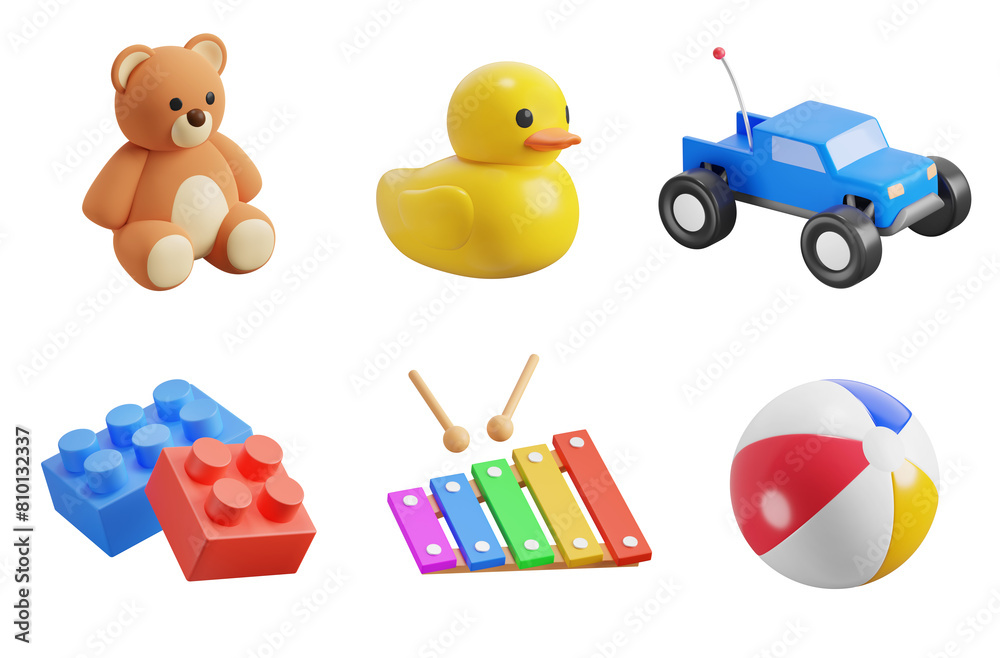 Children's toys, 3d icon set. Plush Bear, Rubber Duck, Remote-Control ...