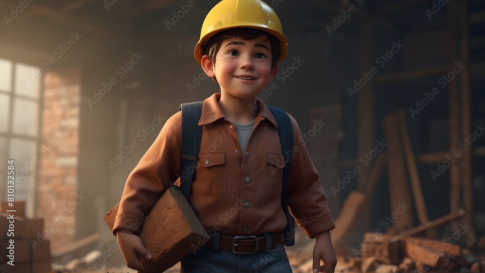 A poor sad boy with tears in eyes, wearing yellow helmet, carrying ...