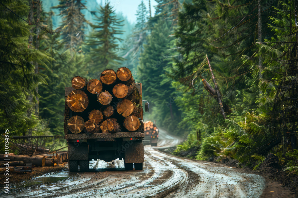 Massive logs being transported on a heavy truck through a lush green ...