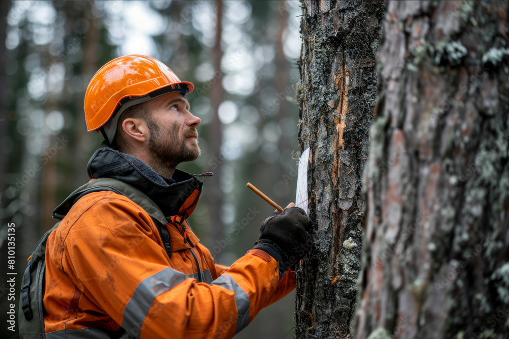 Forestry worker marking trees for felling in a planned timber logging ...
