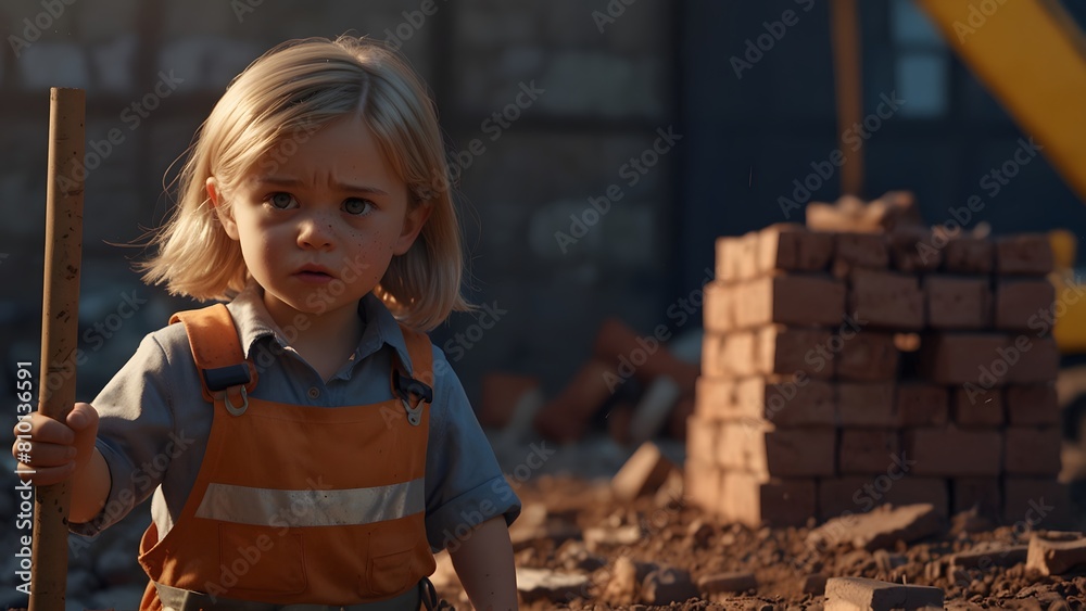 Poor little girl forcefully working at construction site with sad face ...