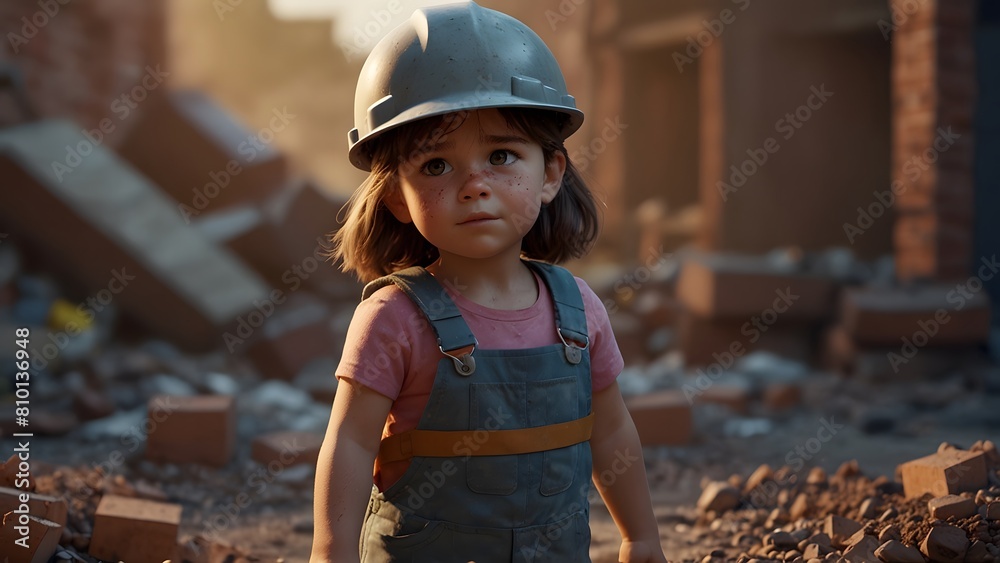 Poor little girl forcefully working at construction site with sad face ...