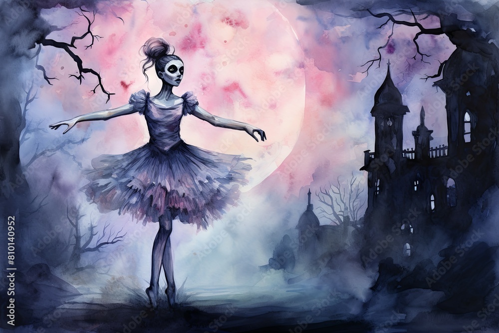 Gothic ballerina against a full moon - An eerie ballerina with a skull ...