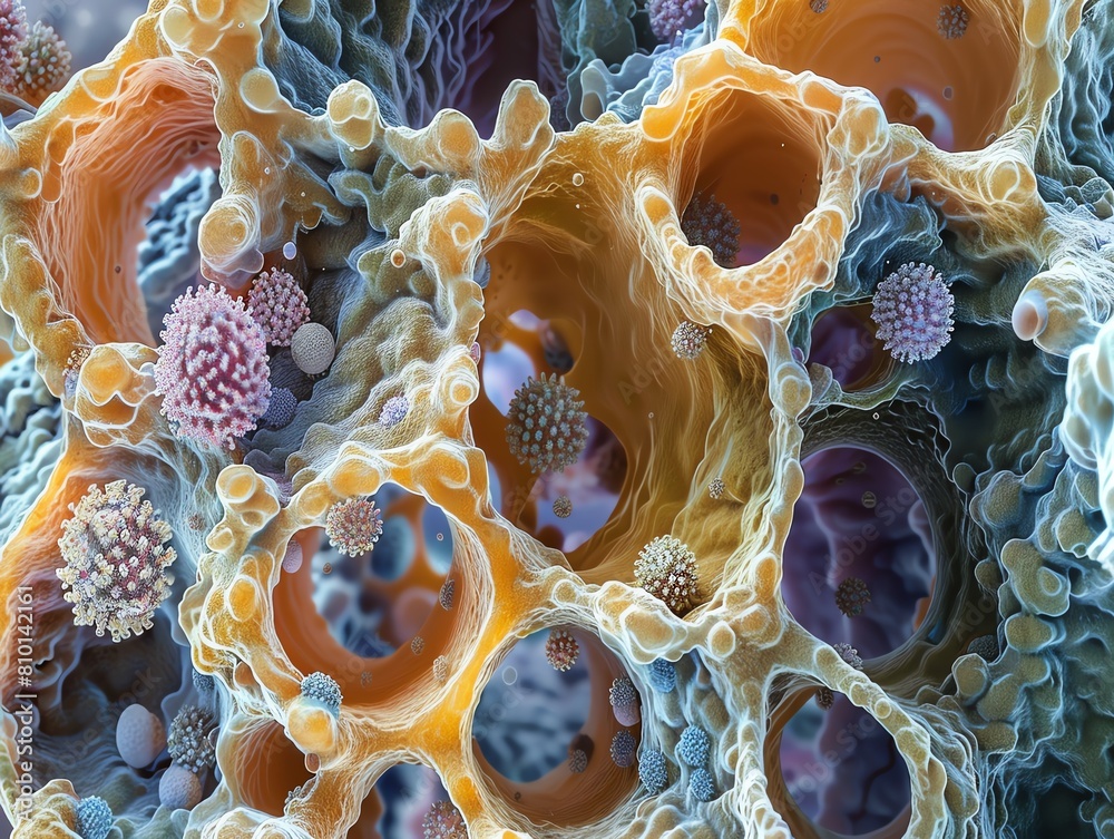 High magnification image of human skin cells under a microscope ...