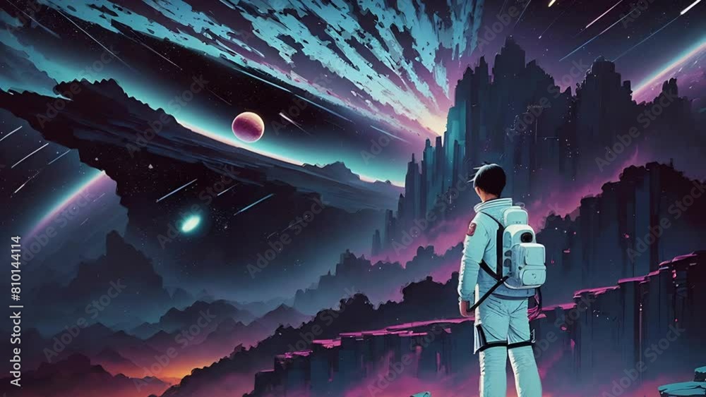 Astronaut exploring an alien planet, surrealistic animation. Dreamy ...