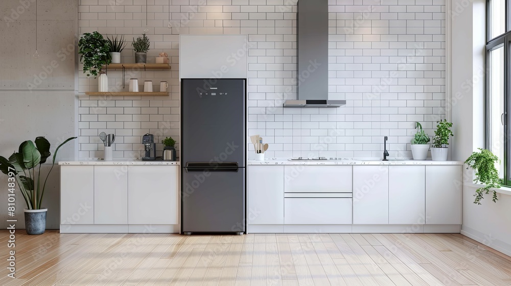 Trendy kitchen setup with elegant black fridge - A contemporary kitchen ...
