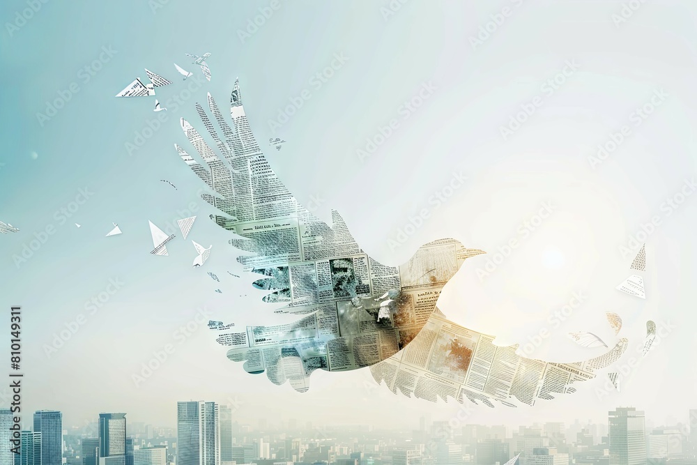 Newspaper bird dissolving into digital space - A symbolic paper bird ...