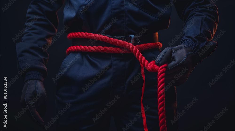 Mysterious figure in a dark outfit adjusts a vibrant red rope tied ...
