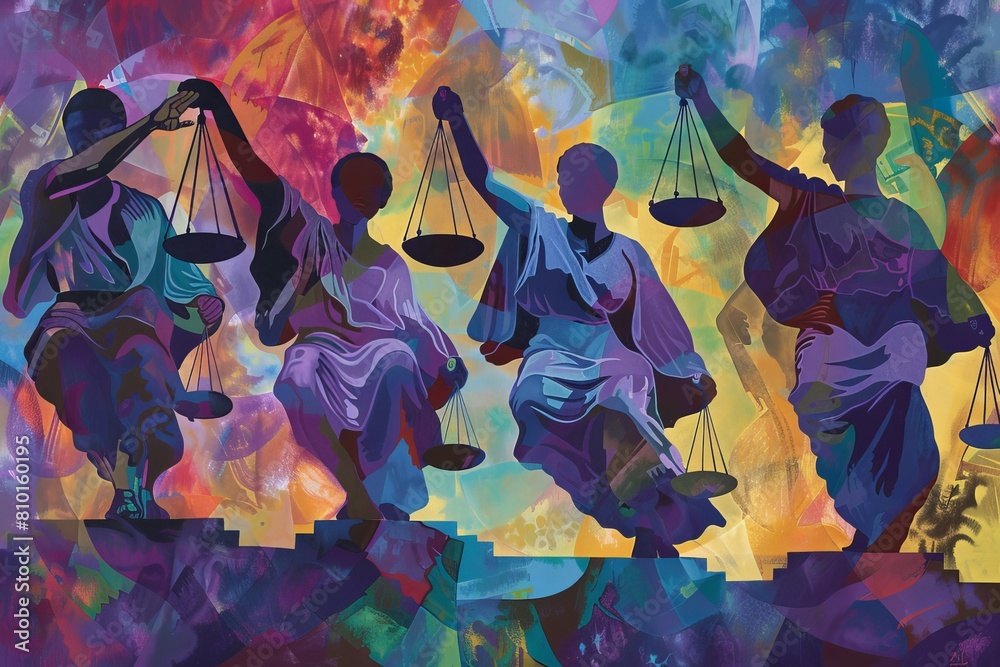 Abstract illustration with figures holding scales of justice ...