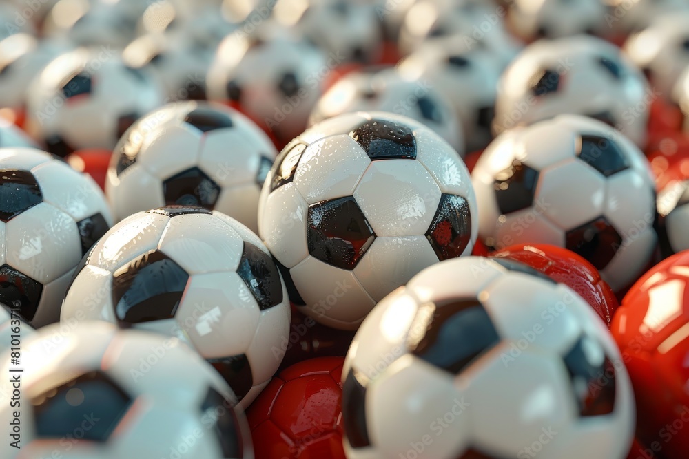 The photo captures a set of red and white soccer balls grouped on ...