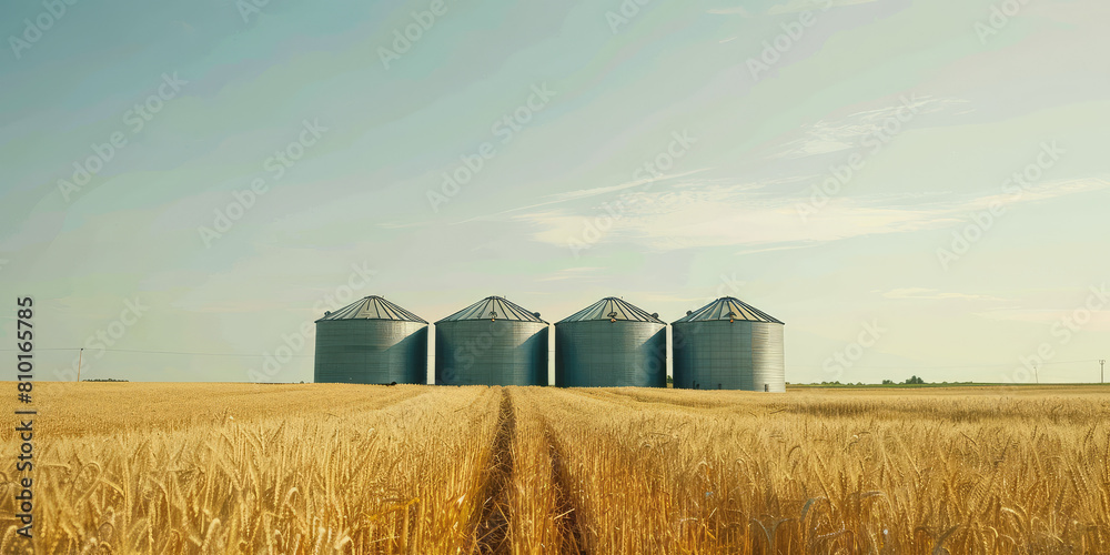 Silos in a wheat field. Metal containers for storing harvested wheat or ...