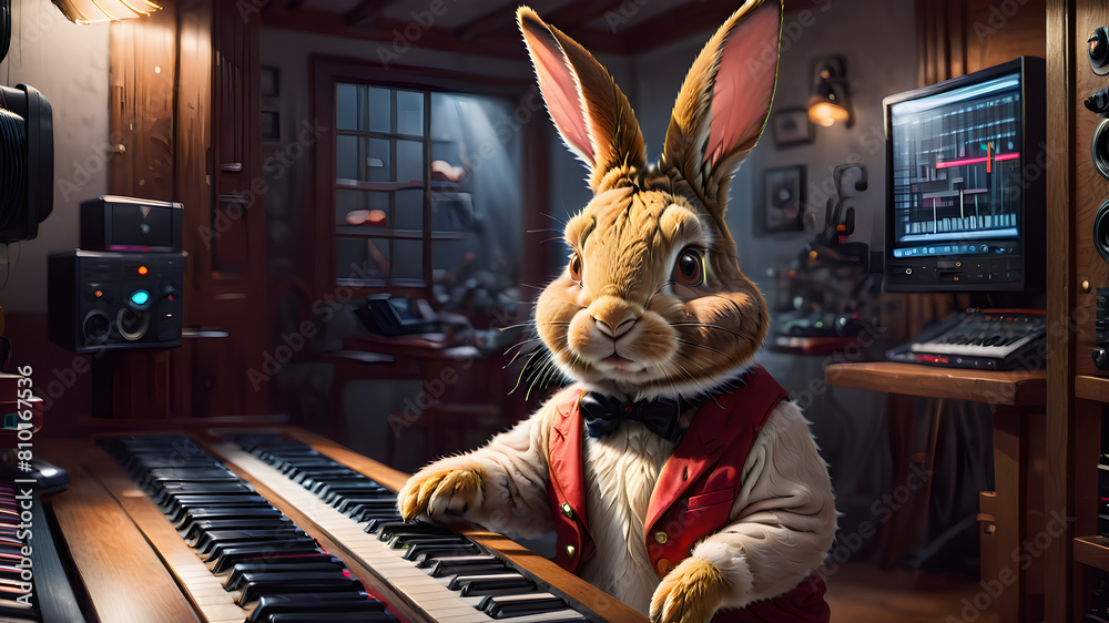 Create a cinematic animation photo featuring a passionate male rabbit ...