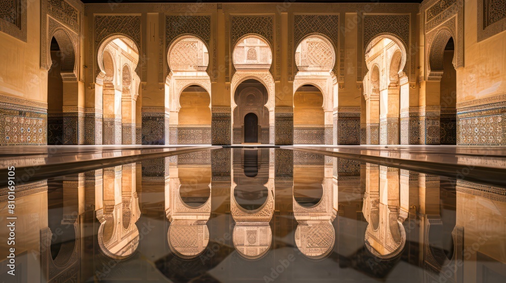 This serene image captures the perfect reflective symmetry of Moroccan ...