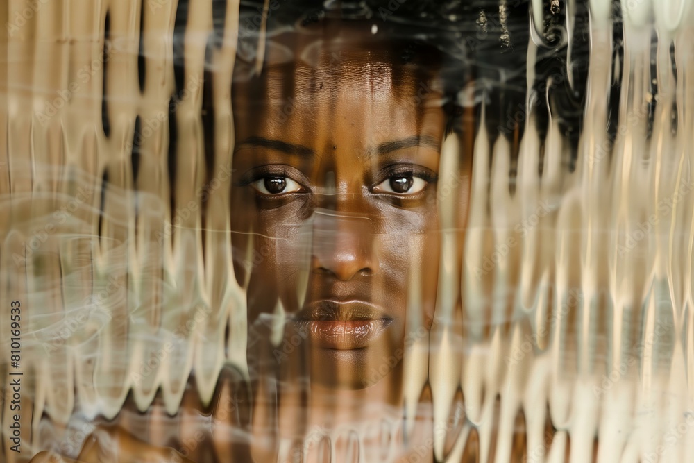 black woman half body portrait behind a reeded glass on a neutral ...