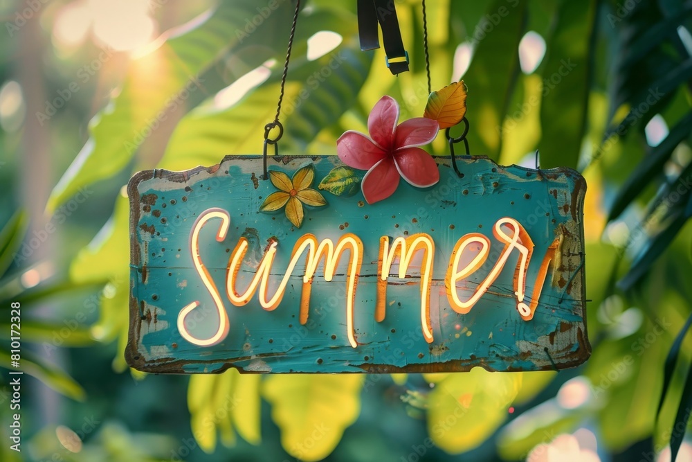 The inscription Summer on a wooden board among palm leaves. Hello ...