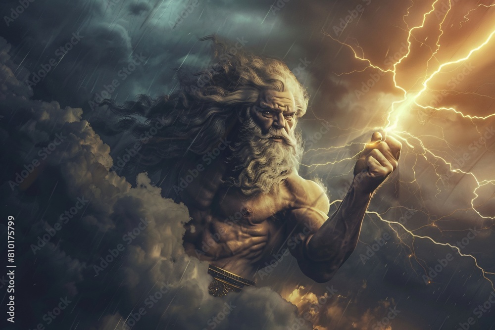 Zeus, the god of thunder and sky, launching a bolt of lightning from ...