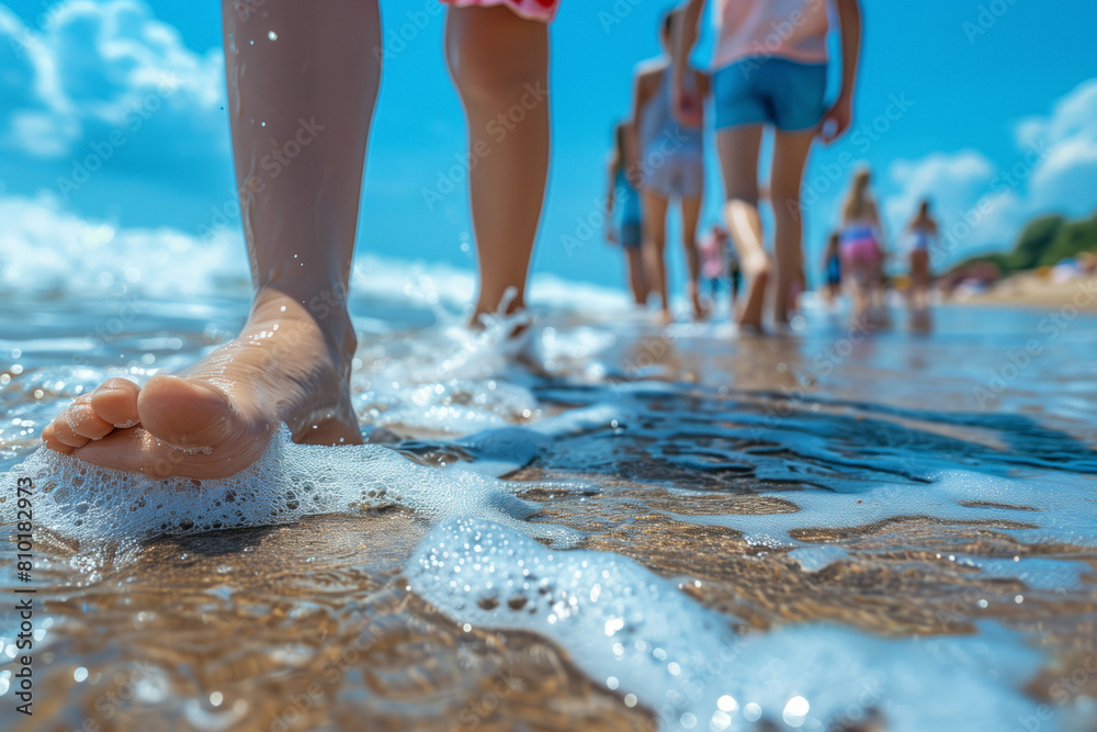Ground-level view capturing a child's bare foot stepping into the soft ...