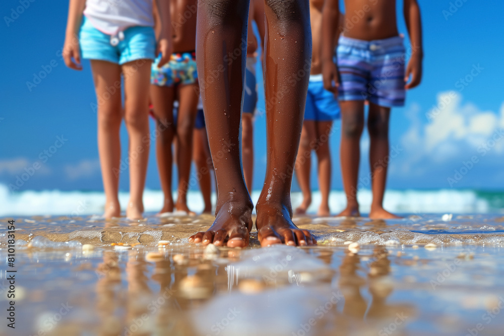 ground level view of the feet of a diverse group of teenagers on the ...