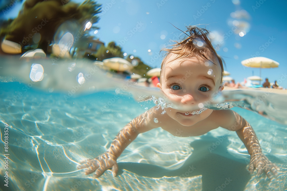 underwater view of a baby swimming in the sea with his eyes wide open ...