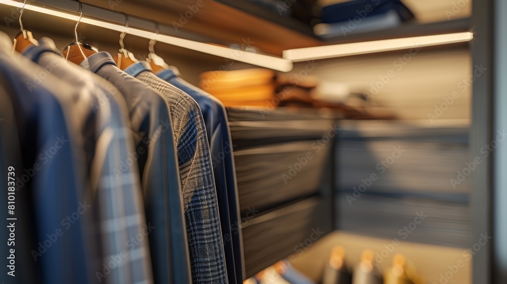 Close-up, cinematic high-resolution image of a modern closet with sleek ...