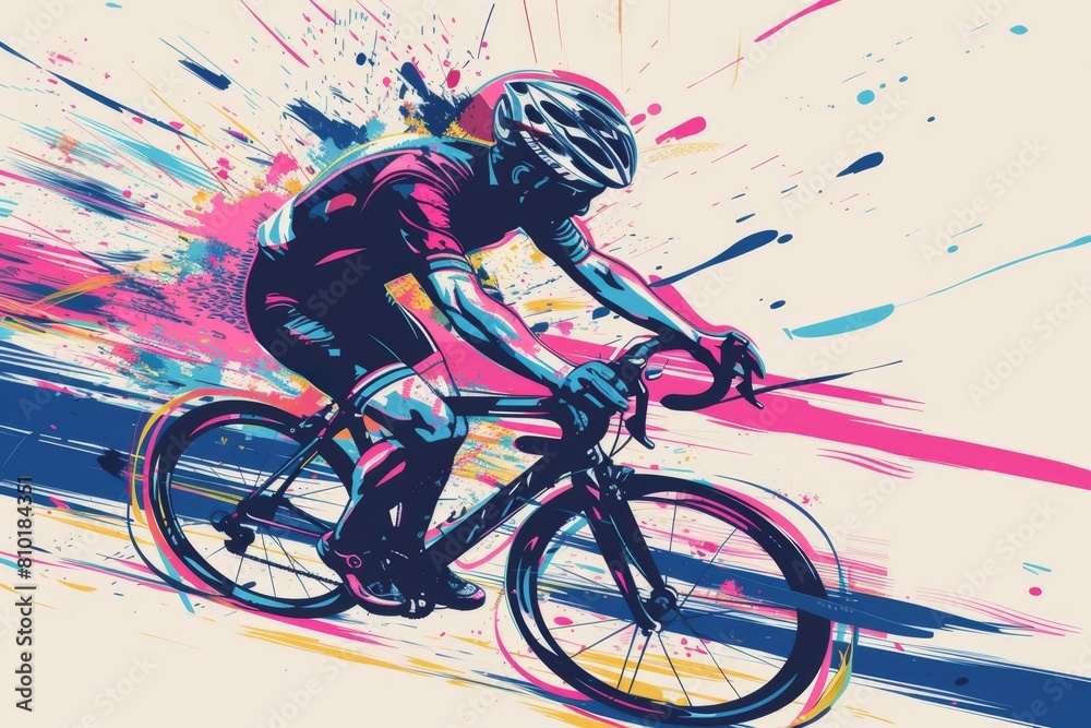 Cyclist on a bicycle with color splashes and abstract background for a ...