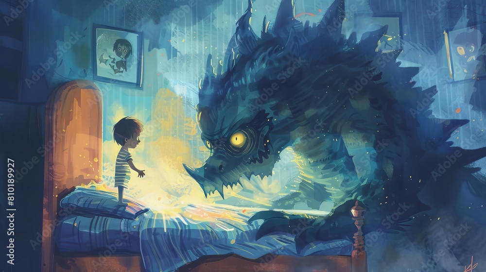 brave child confronts imaginary monster under the bed overcoming fear ...