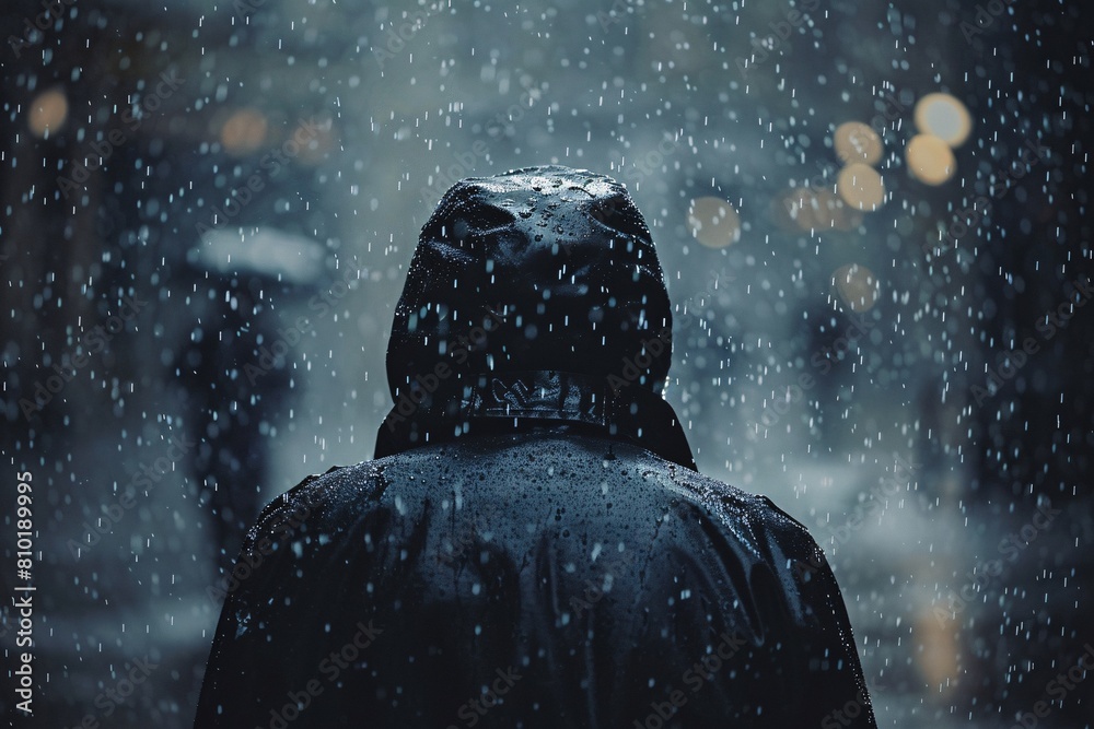 An impactful shot capturing a soaked individual marching through a ...