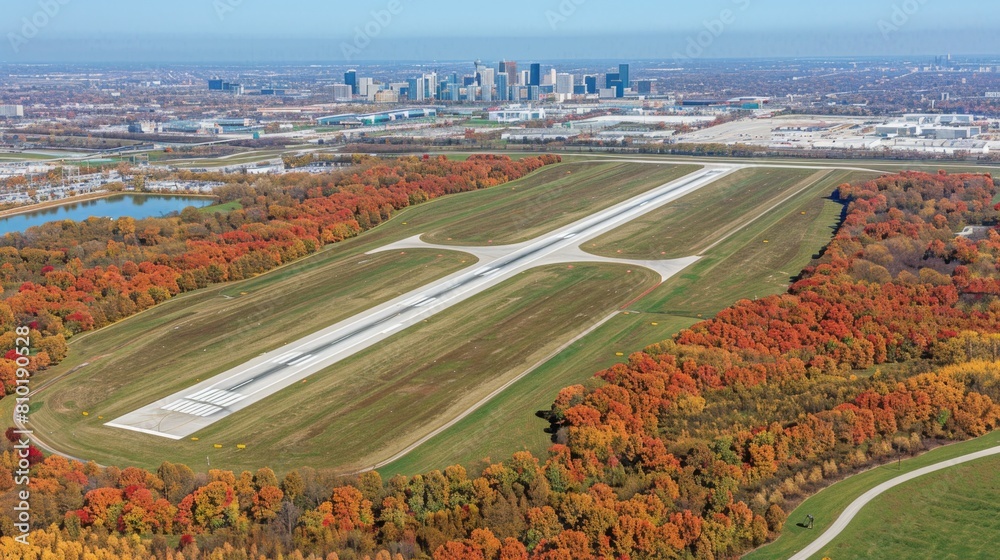 Create an aerial perspective of airport noise monitoring stations, with ...