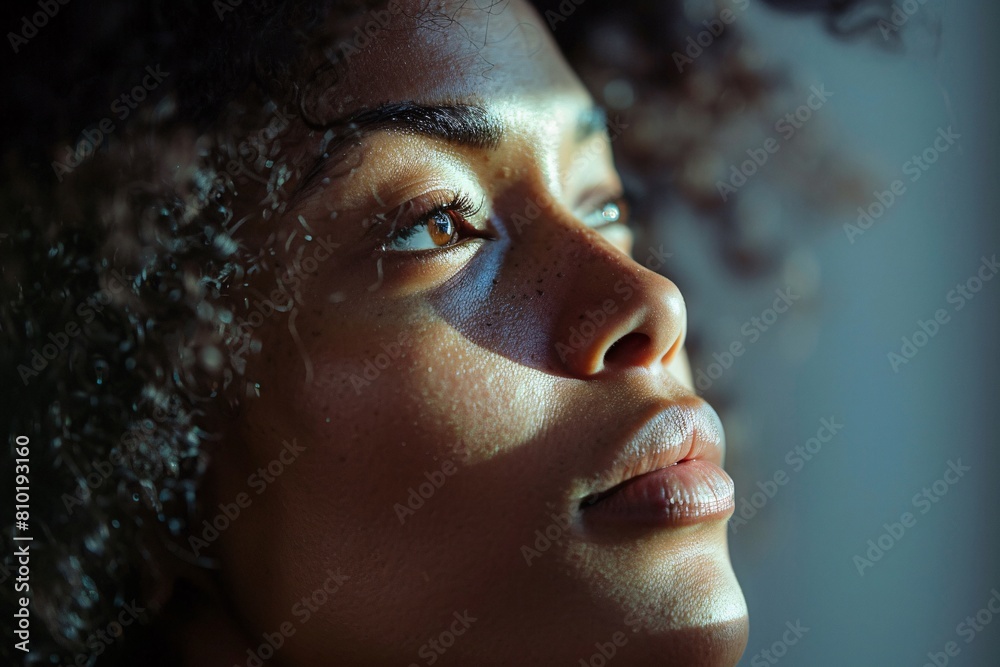A detailed image of a woman's face as she gazes thoughtfully into the ...