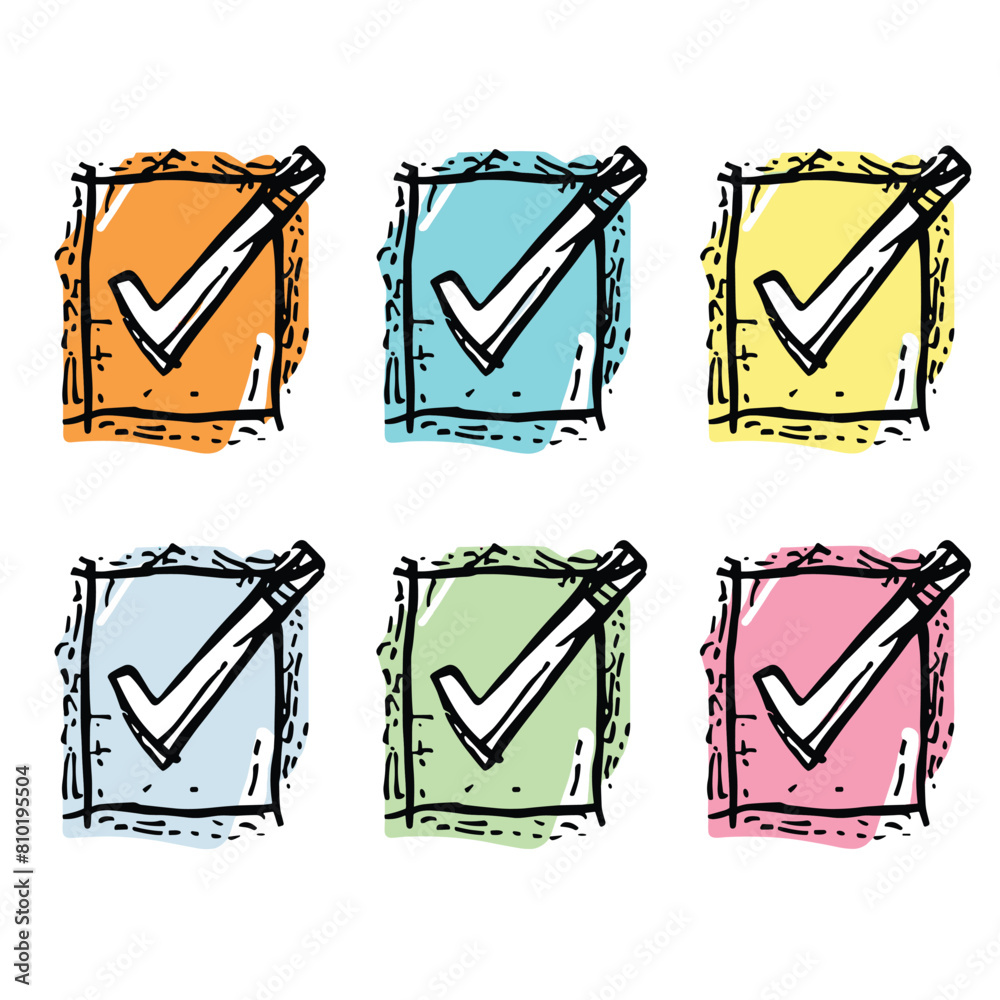 Handdrawn check marks inside colorful squares, sketch style doodles ...
