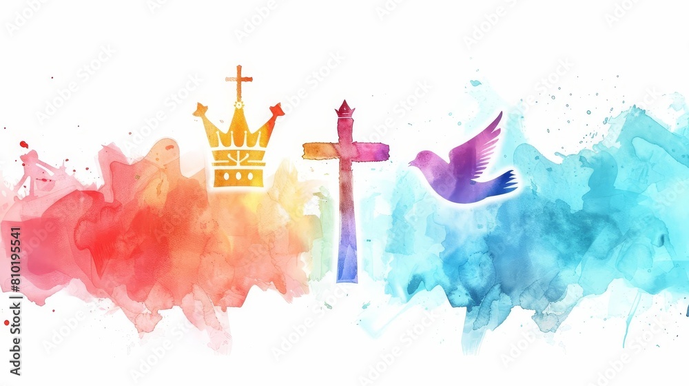 holy trinity symbols of cross crown and dove on watercolor background ...