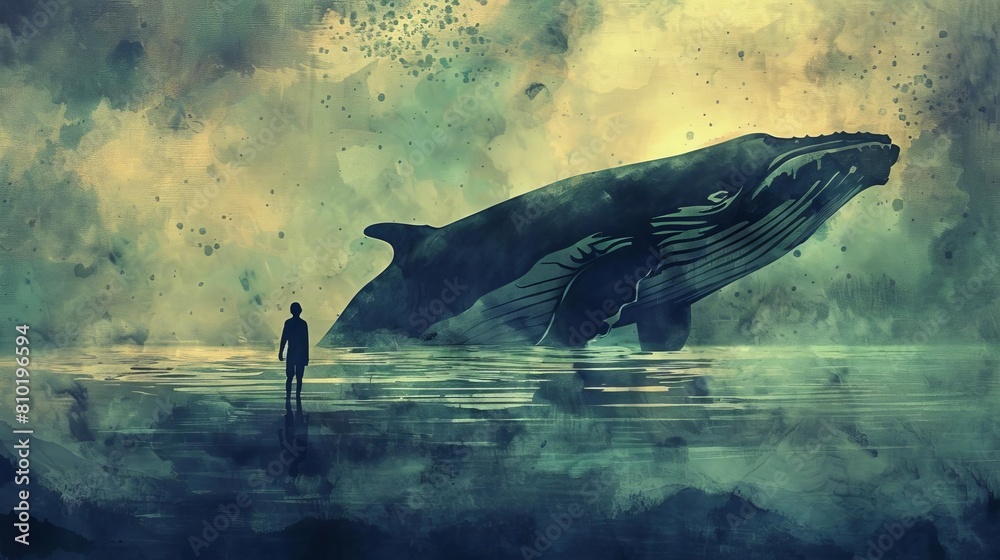 jonah and the whale man silhouette in water digital watercolor painting Stock Illustration ...