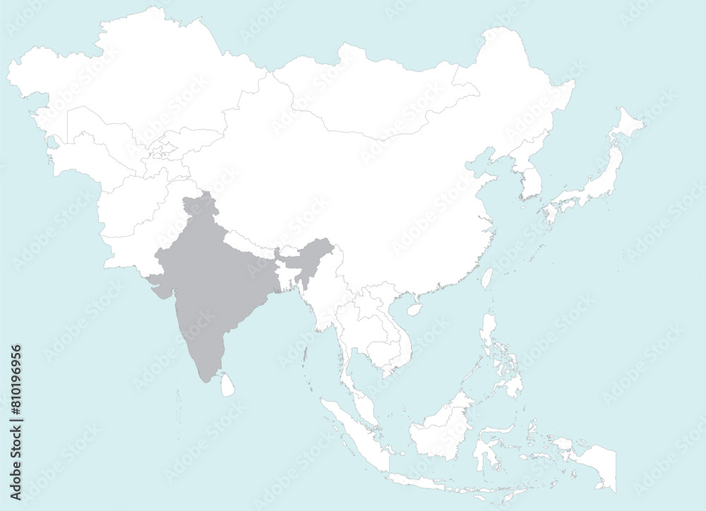 Highlighted grey map of INDIA inside white detailed blank political map ...