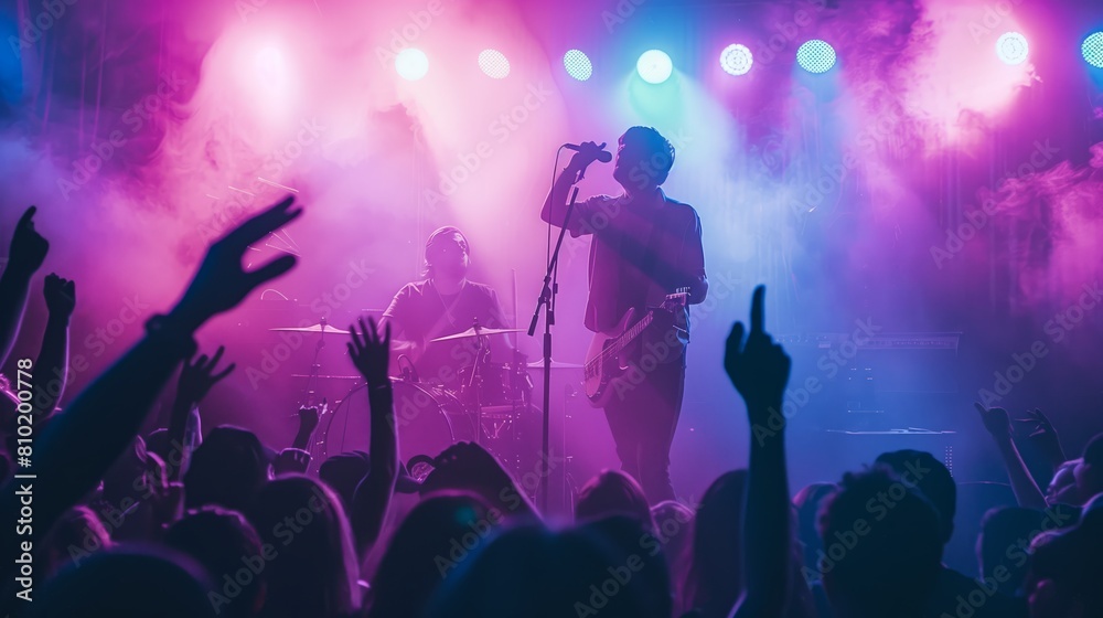 frontman of band playing on a guitar on a stage in front of a cheering ...