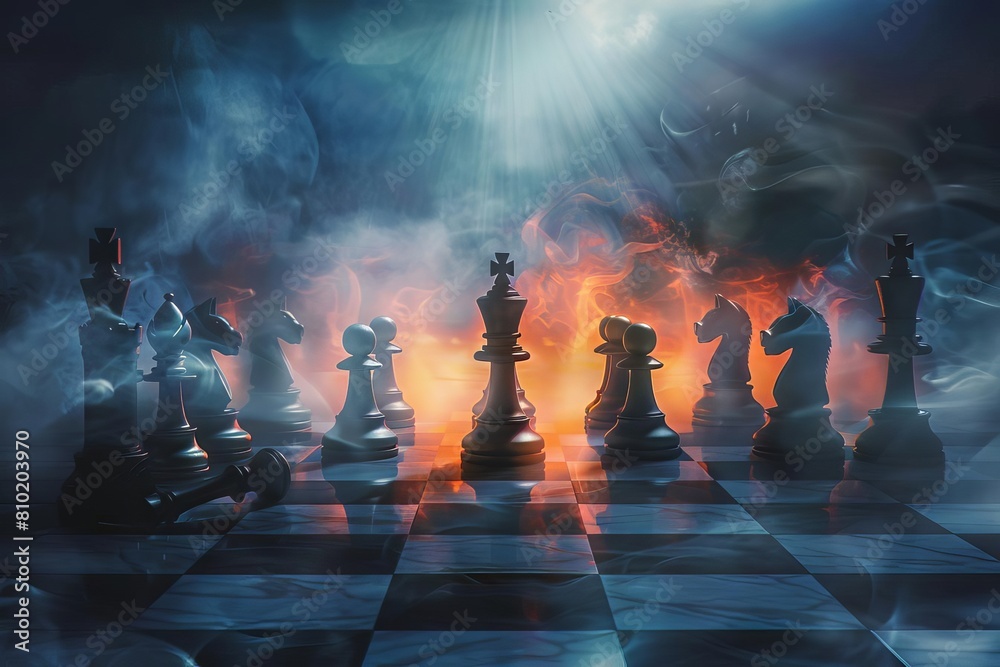 epic chess battle on dark foggy background strategic game concept with ...