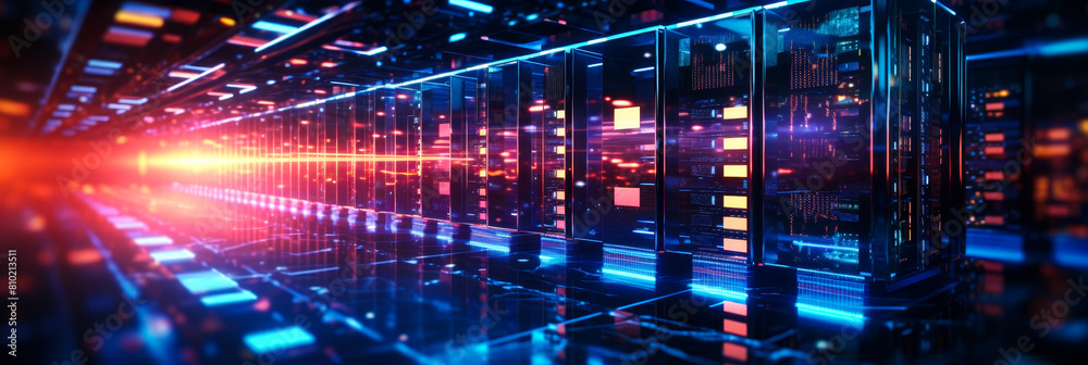 Cloud Computing Data Center: Rows of Glowing Server Racks, Network ...