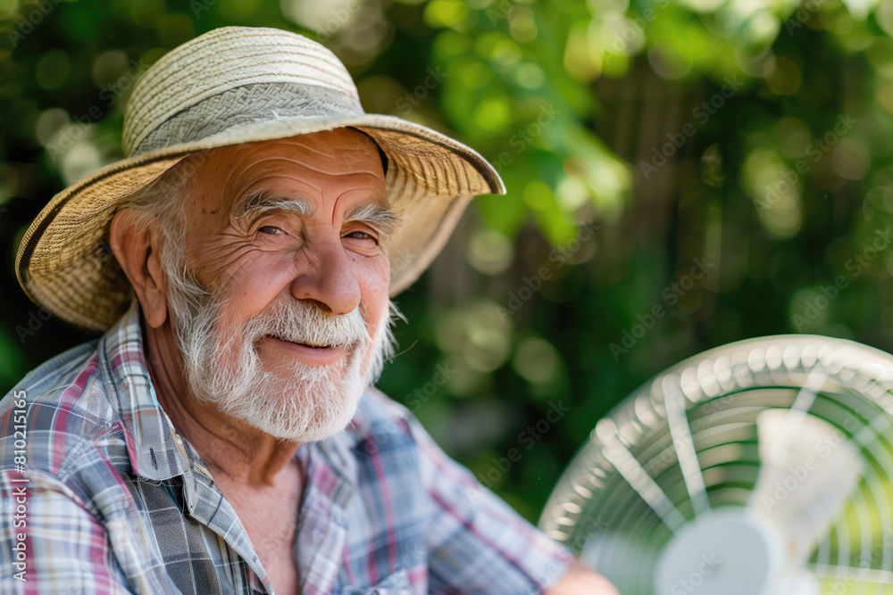 Old man relaxing near the ventilator, suffering from extremely high ...